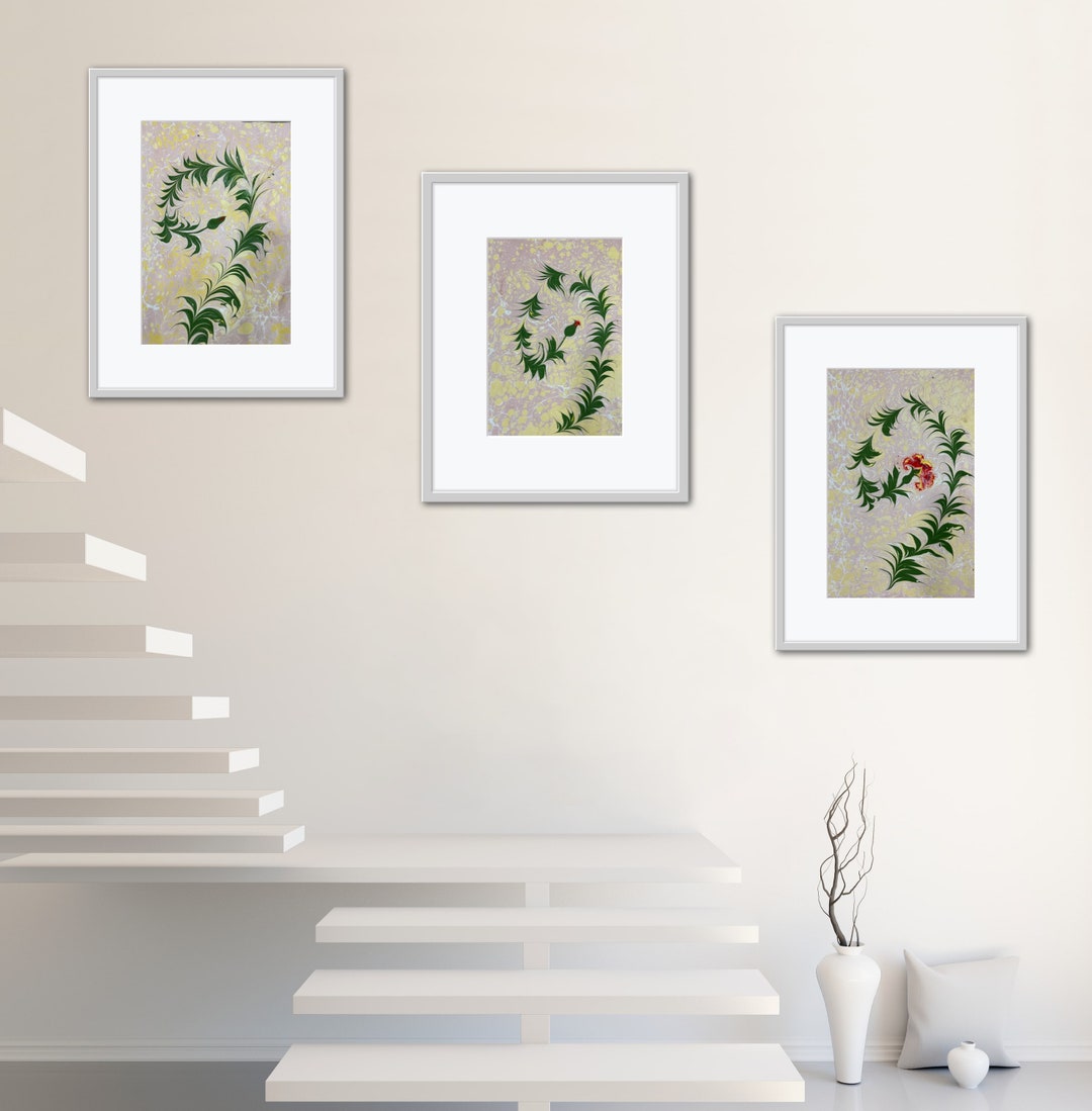 Trio Set of Marbling Art, Trio Wall Art, Carnation Marbled Paper, Ebru ...