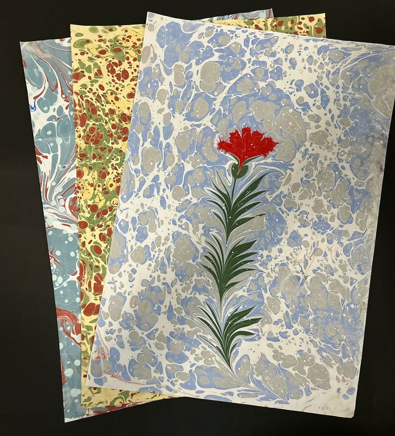 3 X Hand Marbled Paper Set, Marbled Paper, Ebru Art, Carnation Pattern ...