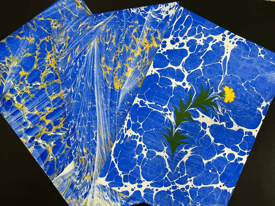 3 X Hand Marbled Paper Set, Marbled Paper, Ebru Art, Carnation Pattern ...