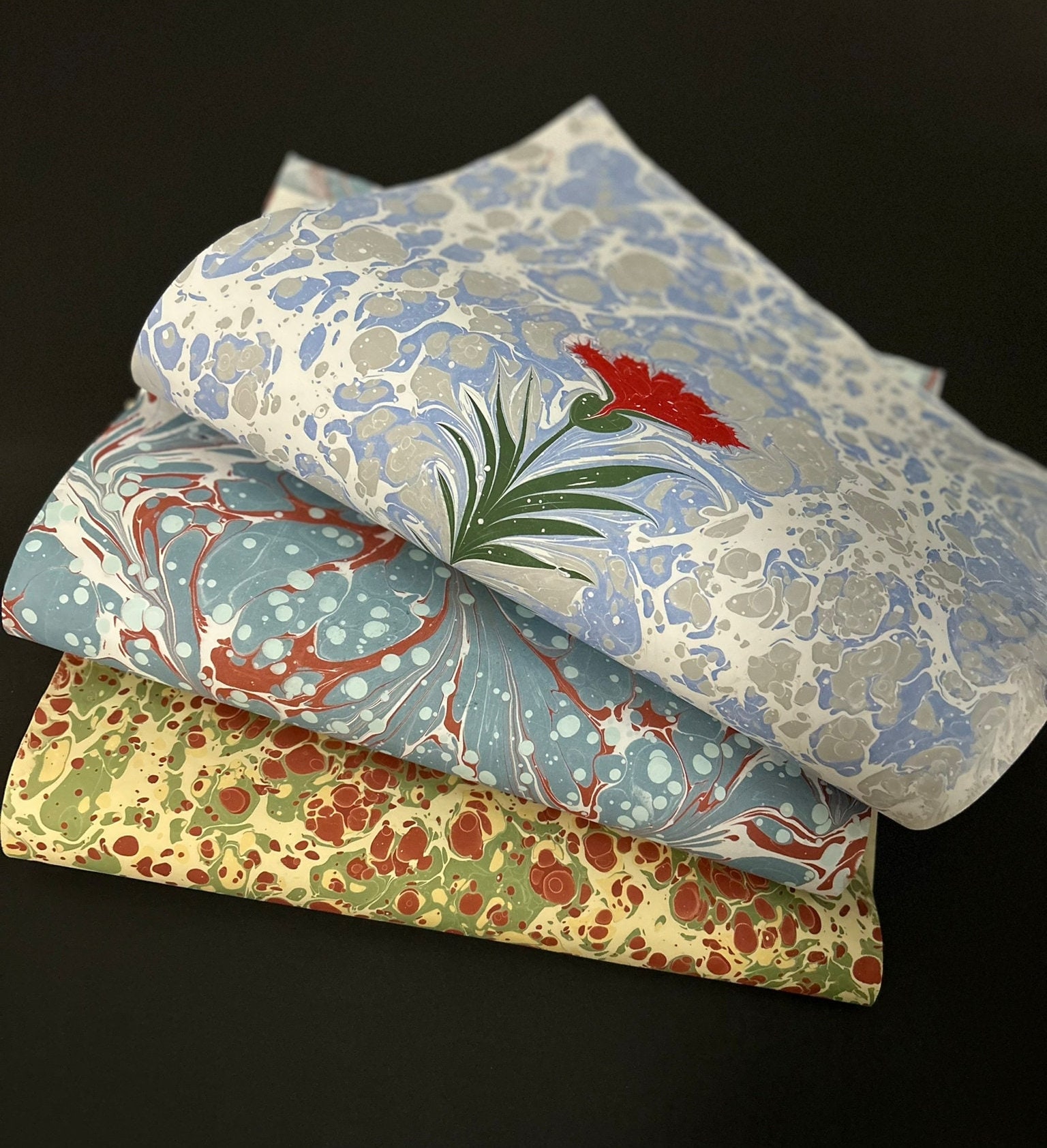3 X Hand Marbled Paper Set, Marbled Paper, Ebru Art, Carnation Pattern ...
