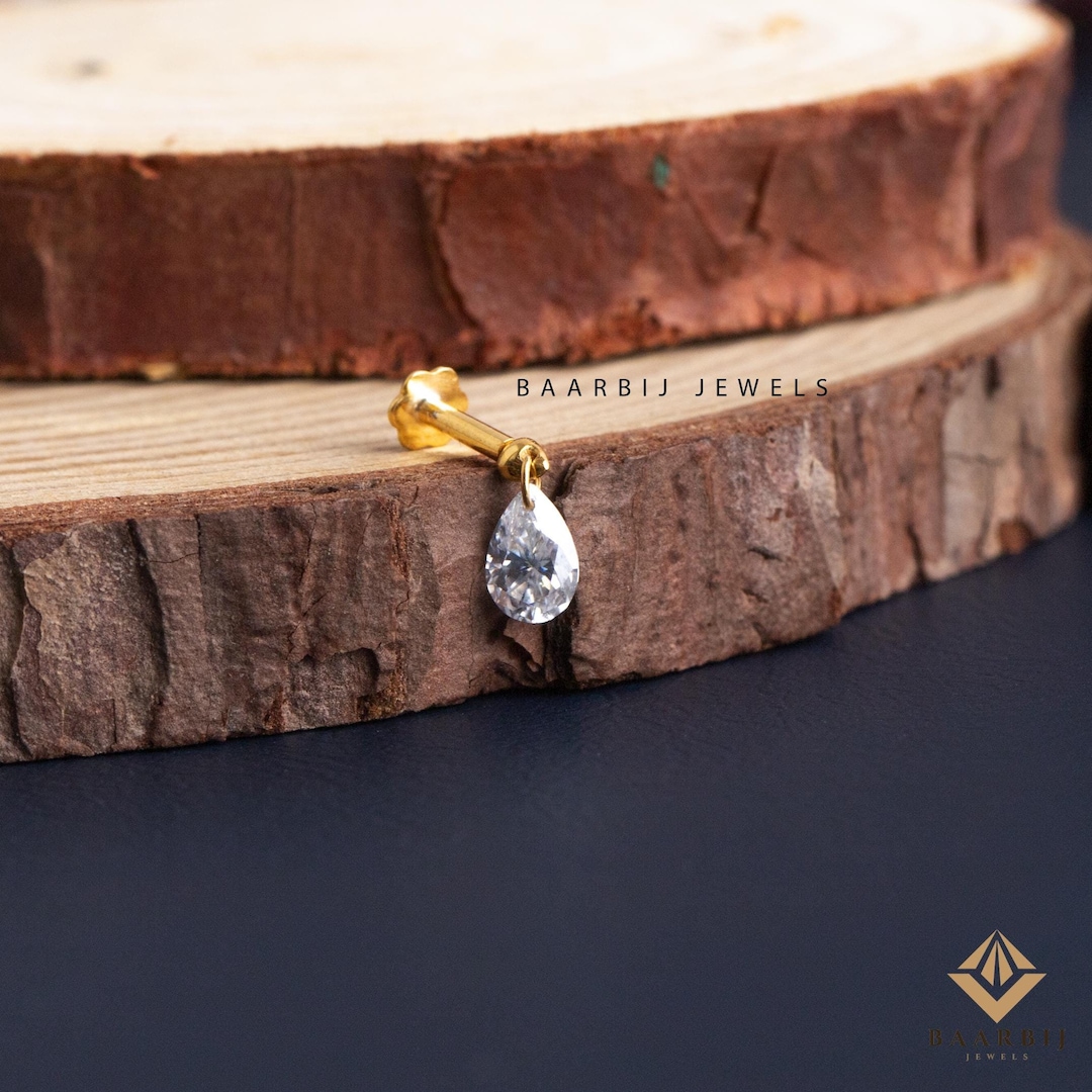 Brooklyn Solid Gold Pear Lab Diamond Dangle Helix Stud: 16g Threaded Flatback Piercing - Etsy