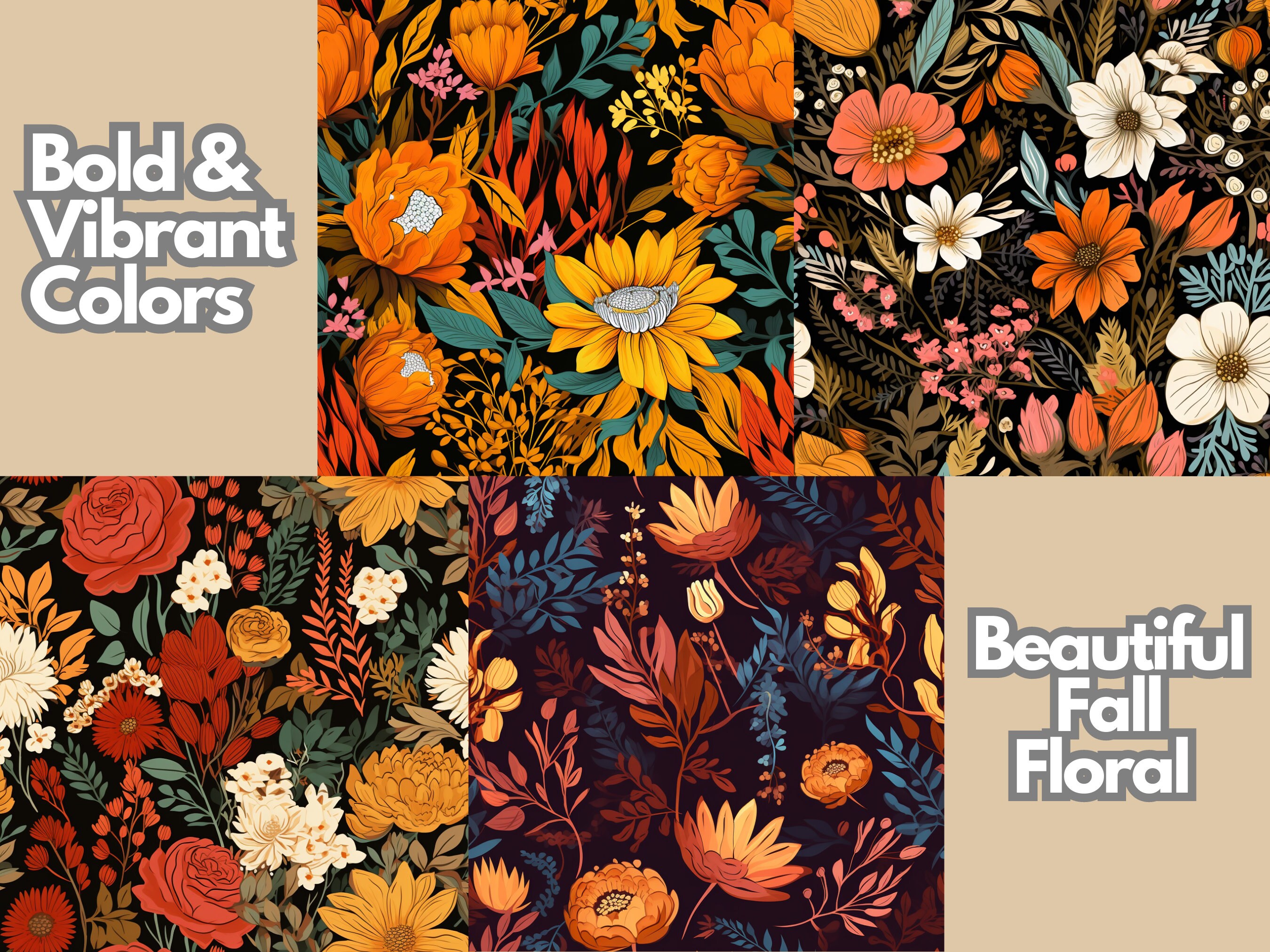 Vibrant Fall Floral, Digital Paper, Seamless Pattern, Autumn Prints ...