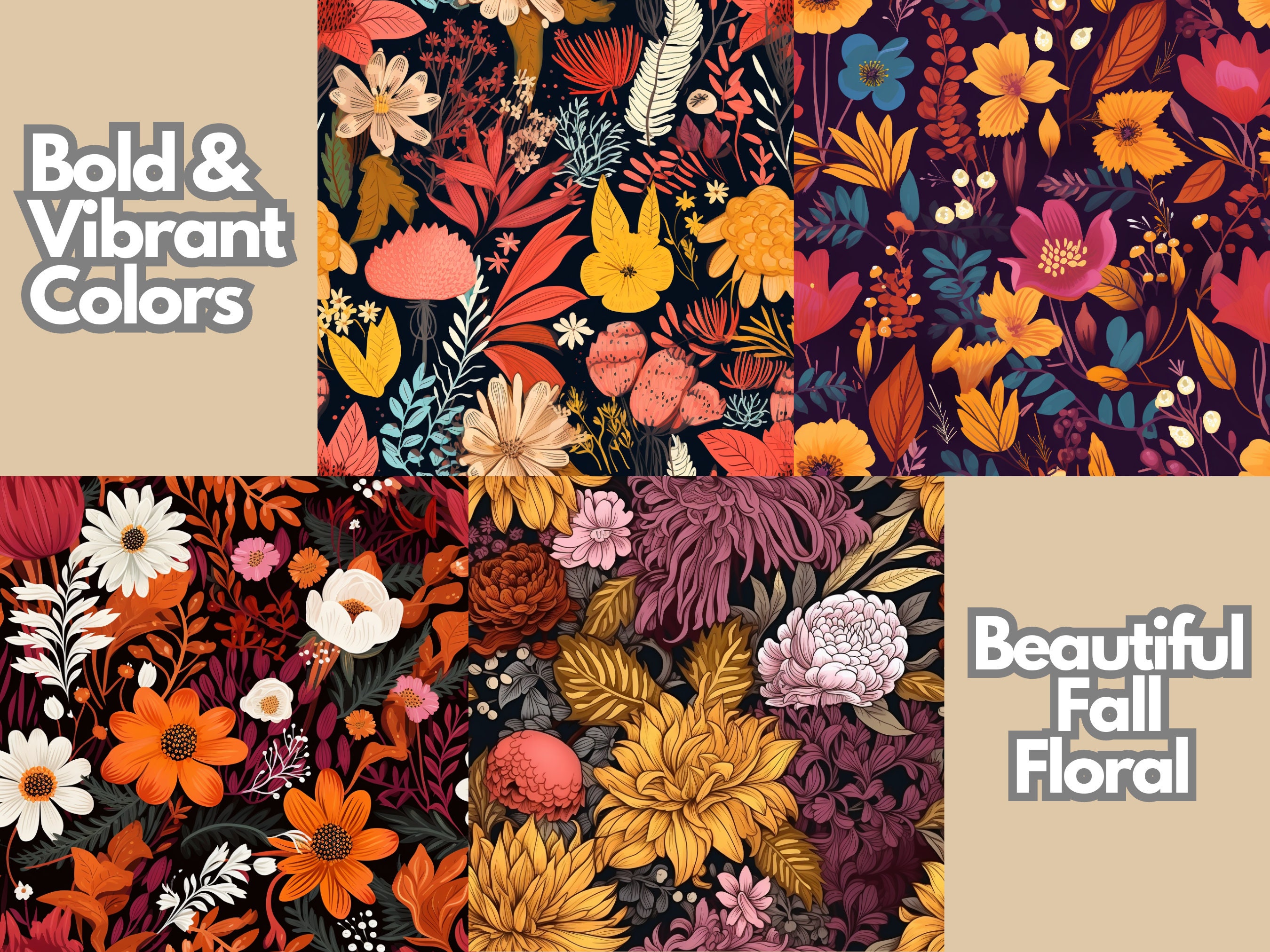Vibrant Fall Floral, Digital Paper, Seamless Pattern, Autumn Prints ...