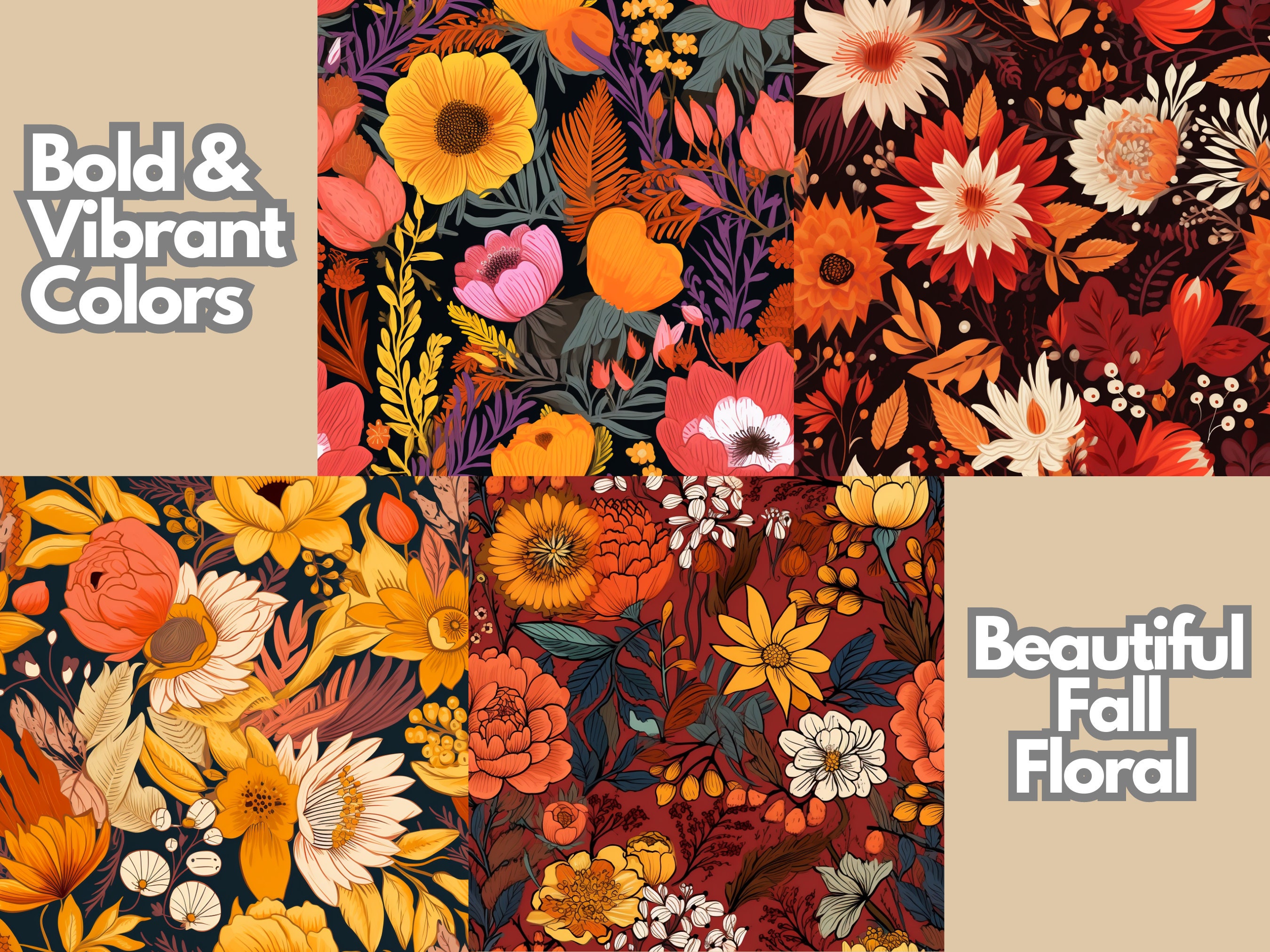 Vibrant Fall Floral, Digital Paper, Seamless Pattern, Autumn Prints ...