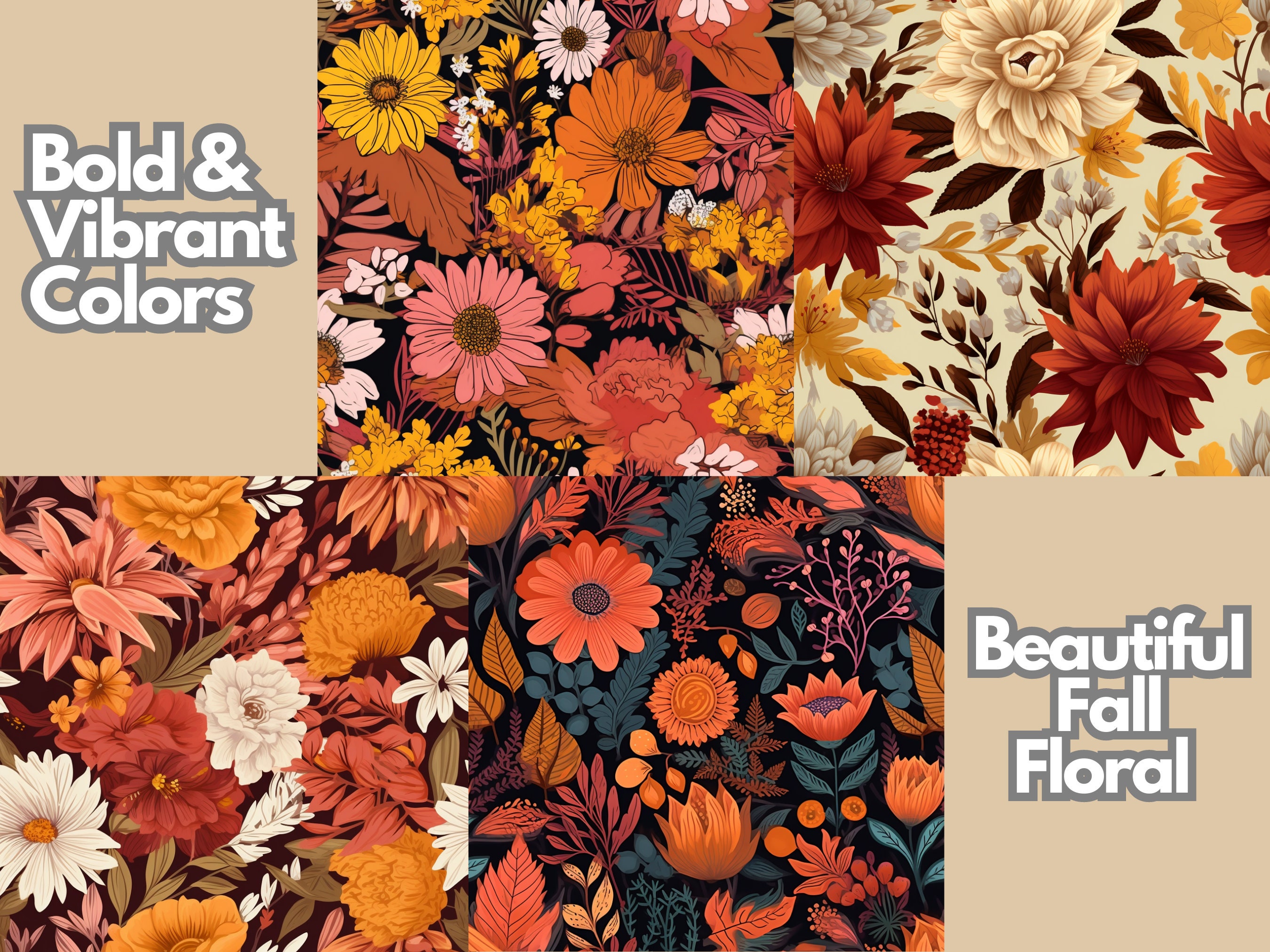 Vibrant Fall Floral, Digital Paper, Seamless Pattern, Autumn Prints ...