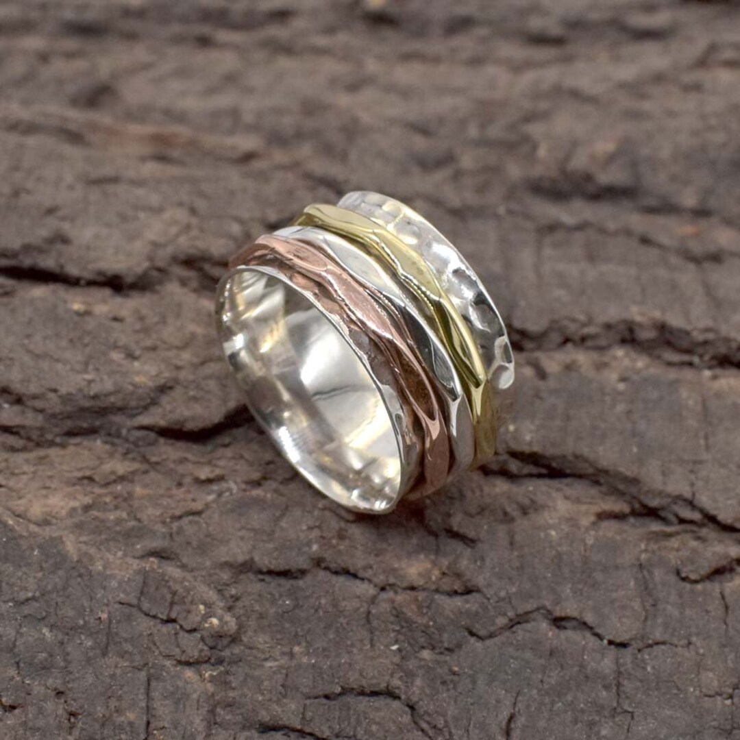 Sterling Silver Fidget Spinner Ring: Three Tier Copper Brass Wide Band ...