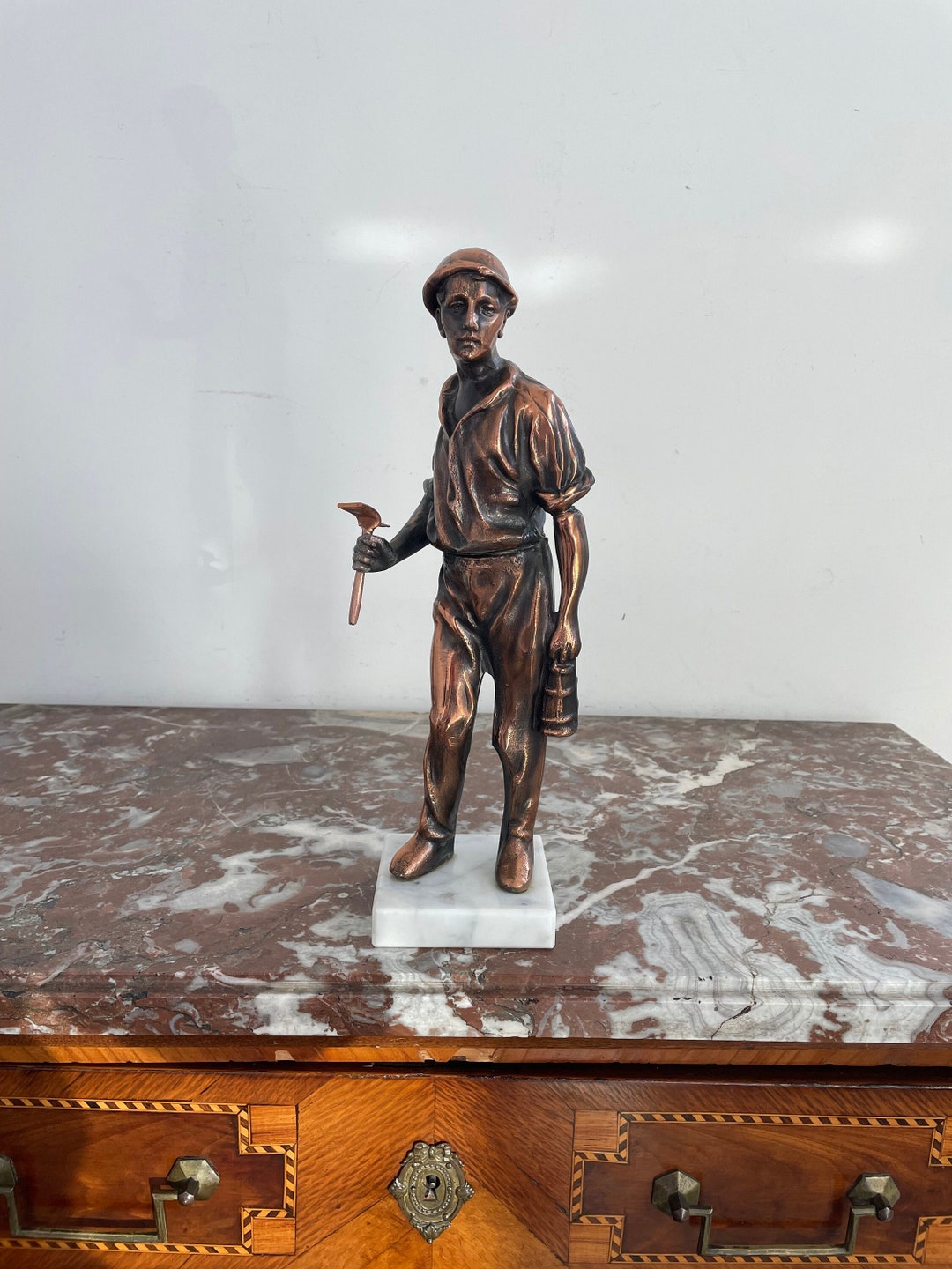 Vintage, Large Copper Statue, Miner Sculpture, Miner Holding Lamp ...