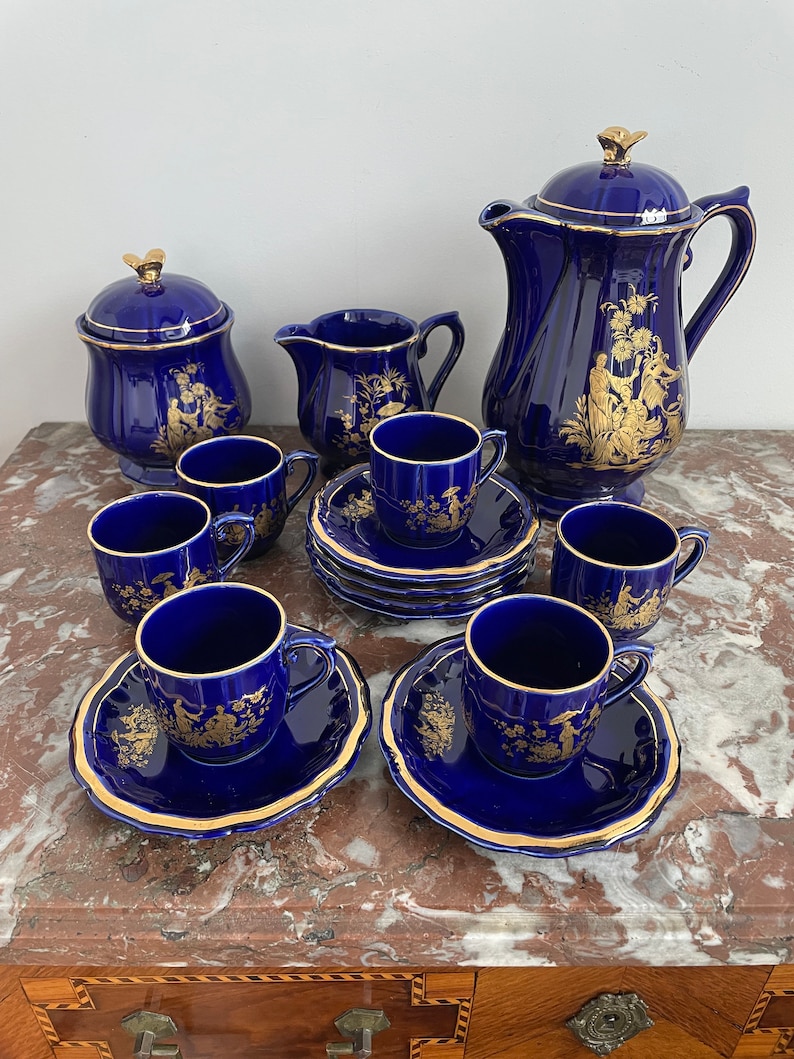 Vintage, service à café, thé, Gien France, bleu cobalt, décor ...