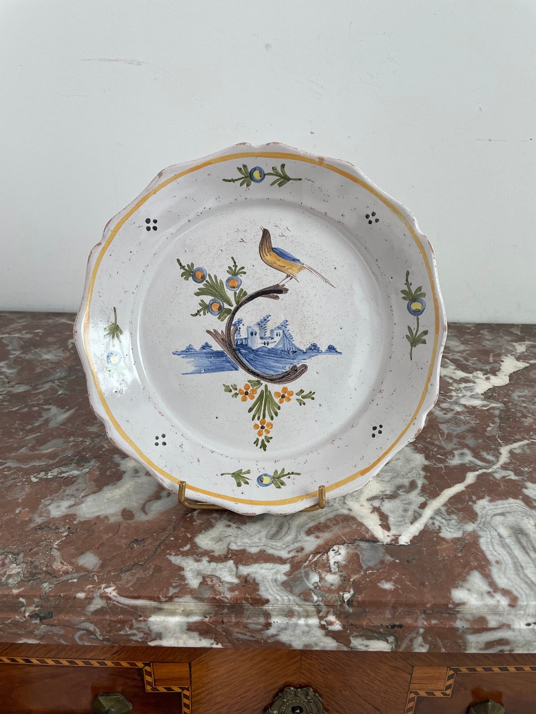 Antique, Assiette décorative, faïence ancienne, creuse, décor, oiseau ...