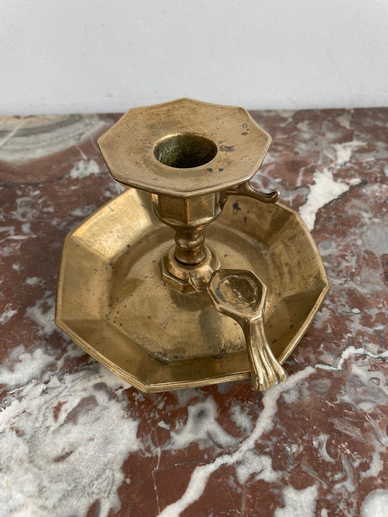Antique Brass Candlestick With Bobèche and Socket – Octagonal Shape ...