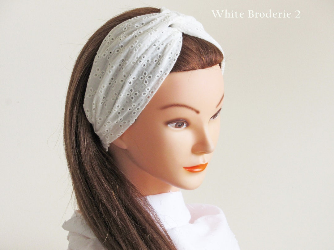 White Headbands Collection/ Twist Hairband/ Linen-broderie Cotton Knot ...