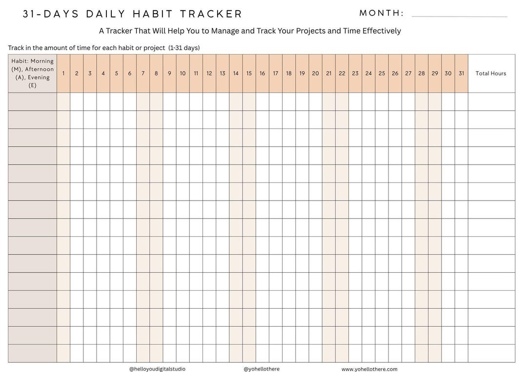 31-days Daily Habit Tracker (1 Reuseable Digital Printable PDF Page and ...