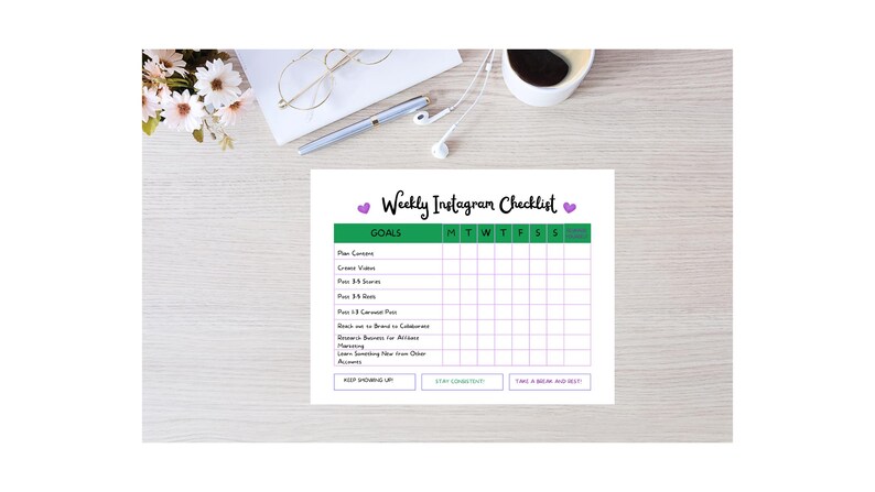 Weekly Instagram Checklist (1 Reuseable Digital Printable PDF Page for ...