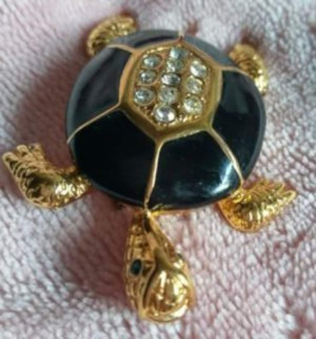 Vintage Black Enamel Turtle Brooch With Rhinestones 1940 - Etsy