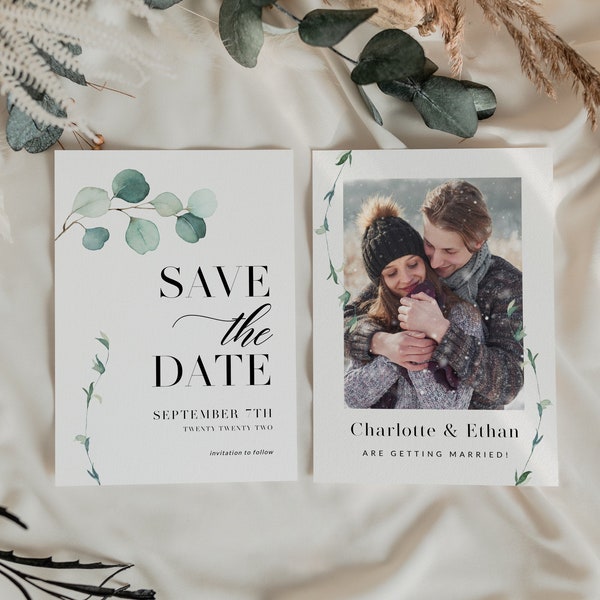 Save the Date Eucalyptus and Photo Template - Etsy