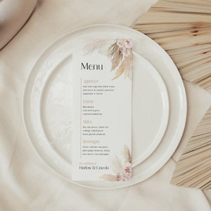 Editable Menu Cards, Wedding Menu Template, Table Menu Cards in Boho Design and Pampas ...