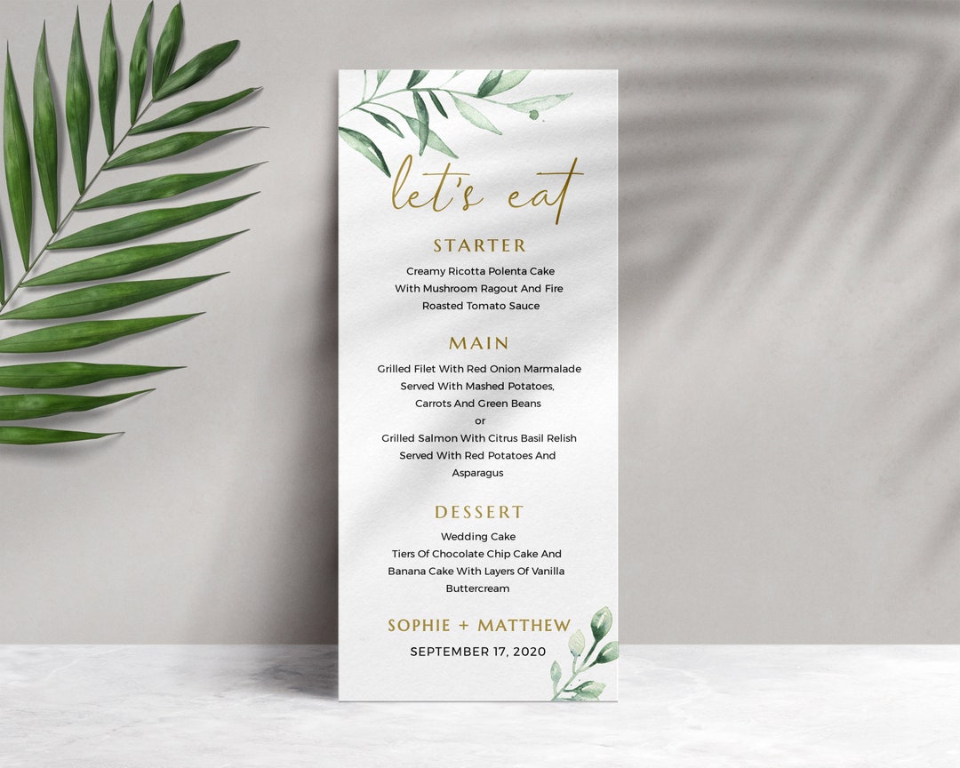 Greenery Menu Template, Let's Eat Menu Template, Gold Menu Wedding # ...
