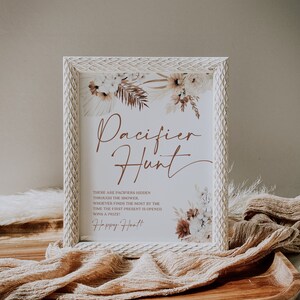 Pacifier Hunt Sign, Pacifier Hunt Game, Baby Shower Sign, Boho Pampas ...