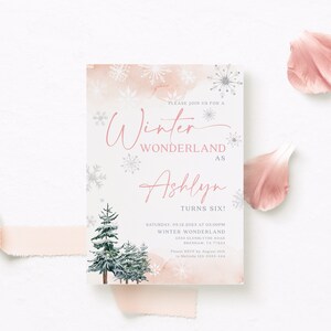 Pink Birthday Invitation, Winter Birthday Invitation Template, Winter ...