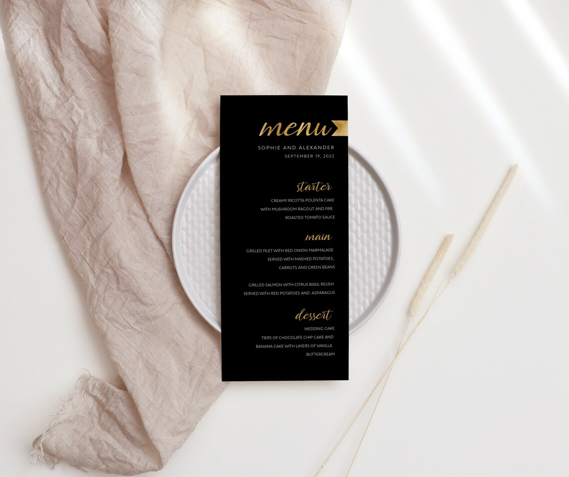 Black and Gold Menu Template Wedding Dinner Menu Instant - Etsy