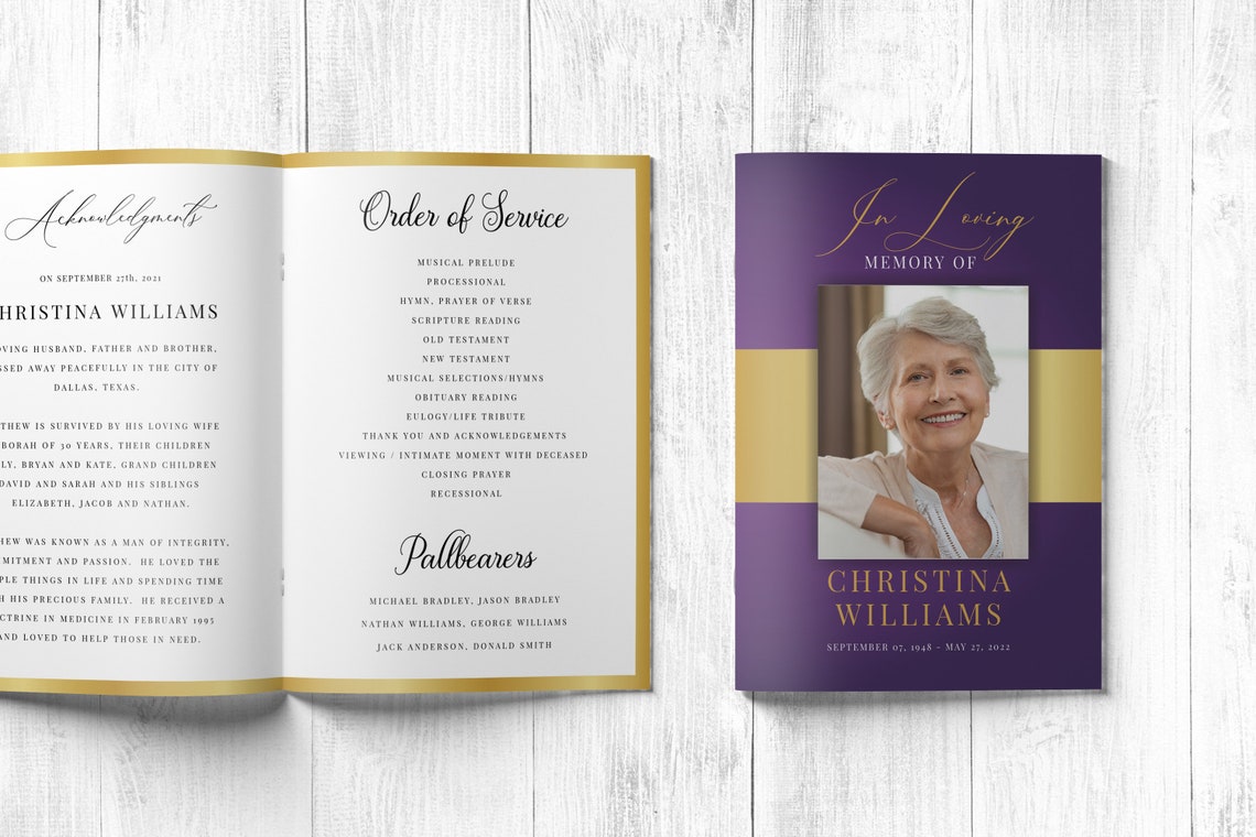Funeral Program Template for Women Purple Gold Program - Etsy