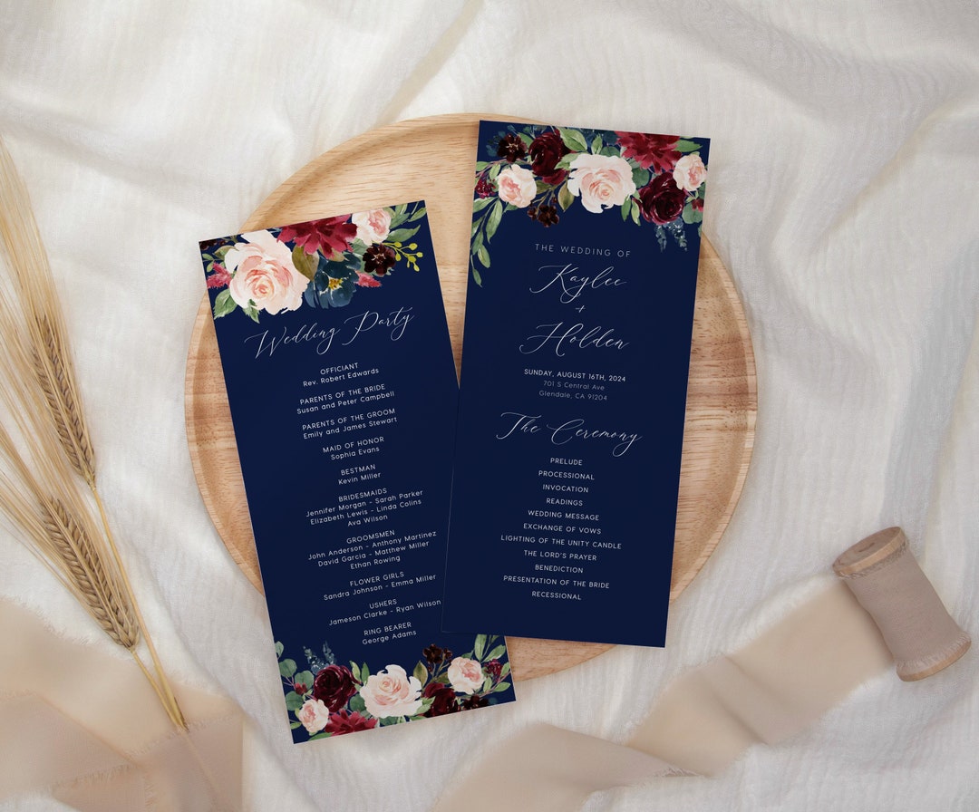 Wedding Program Template, Navy Program Cards, Bohemian Blush, Burgundy ...