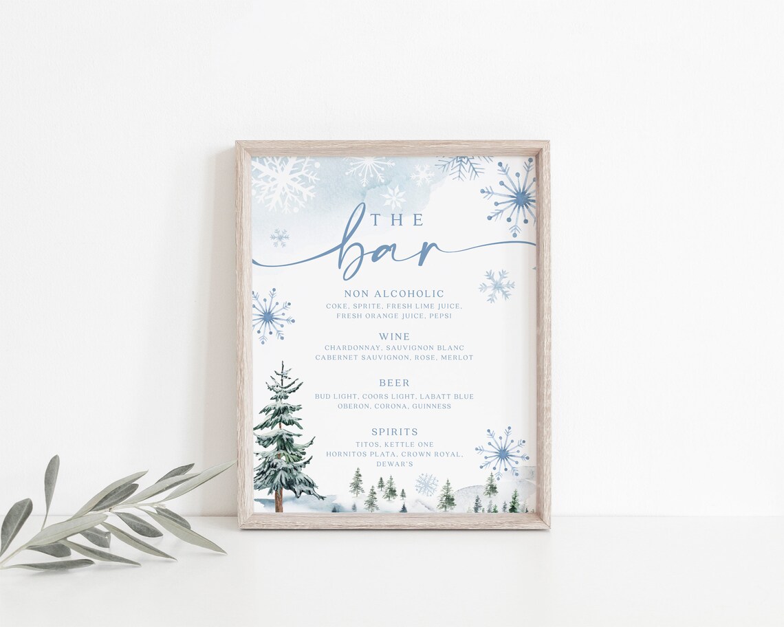 Bar Menu Table Sign Drinks Bar Sign Winter Wonderland Bar - Etsy