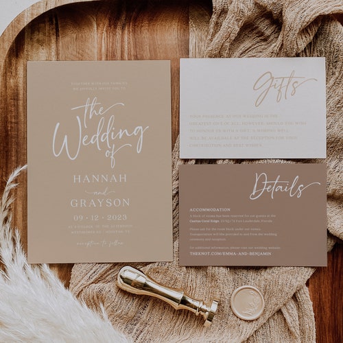 Taupe Minimalist Wedding Invitation Suite Template Modern - Etsy