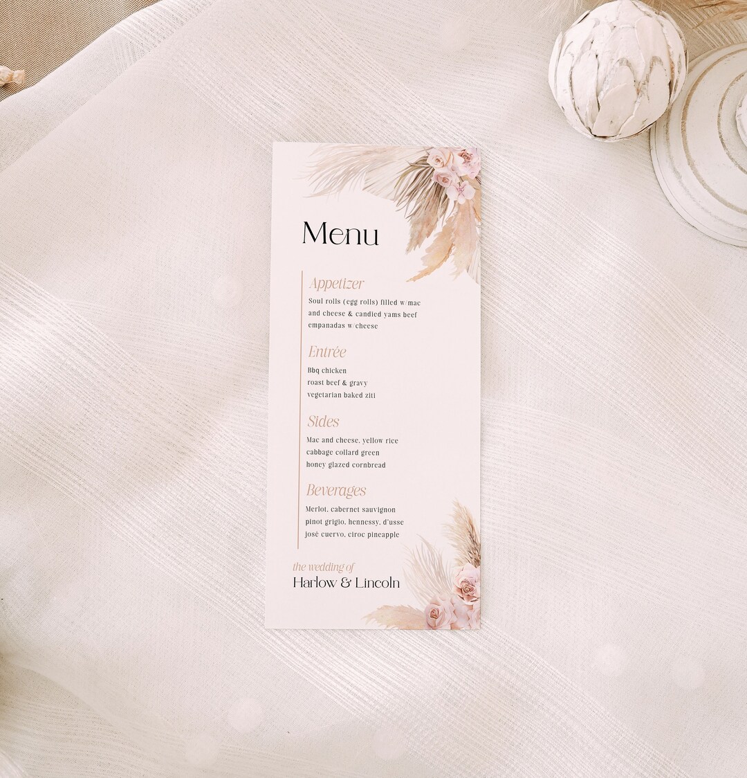 Editable Menu Cards, Wedding Menu Template, Table Menu Cards in Boho ...