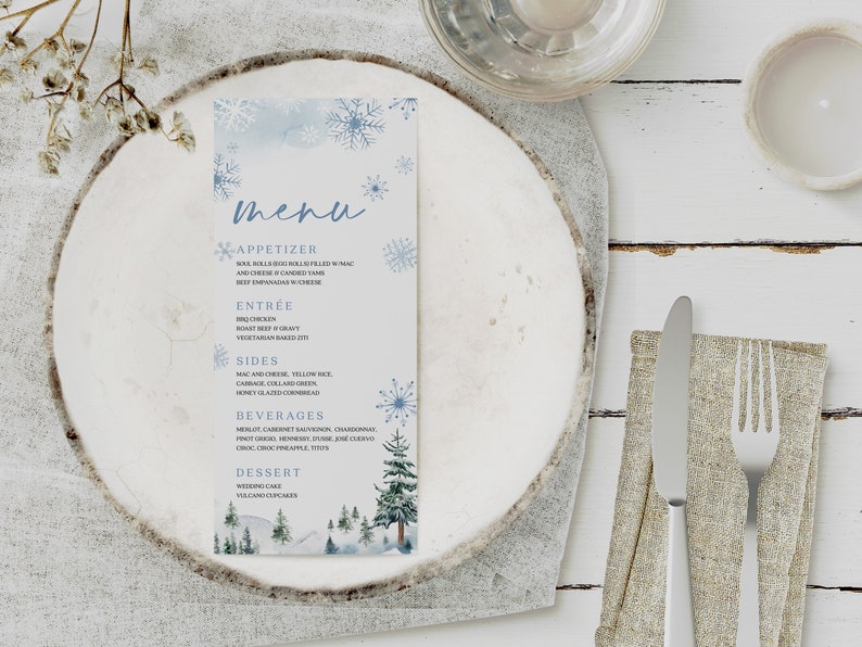 Winter Menu Template Winter Wonderland Menu Menu Cards - Etsy