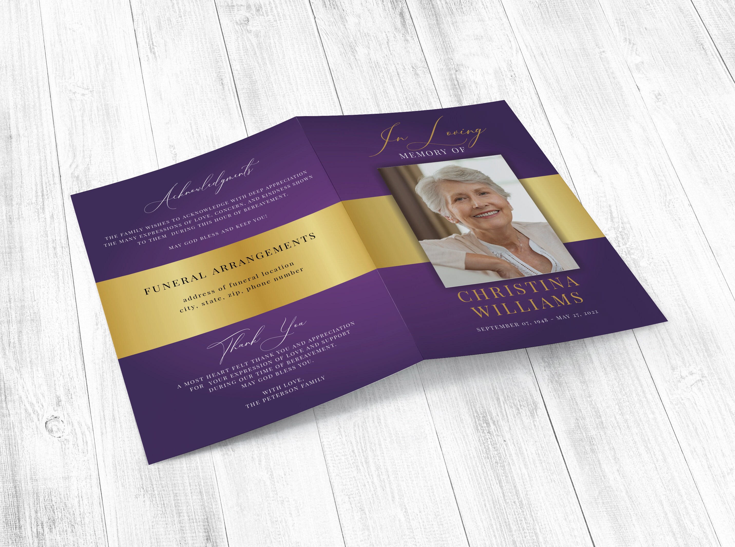 Funeral Program Template for Women Purple Gold Program - Etsy