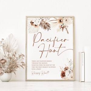 Pacifier Hunt Sign, Pacifier Hunt Game, Baby Shower Sign, Boho Pampas ...