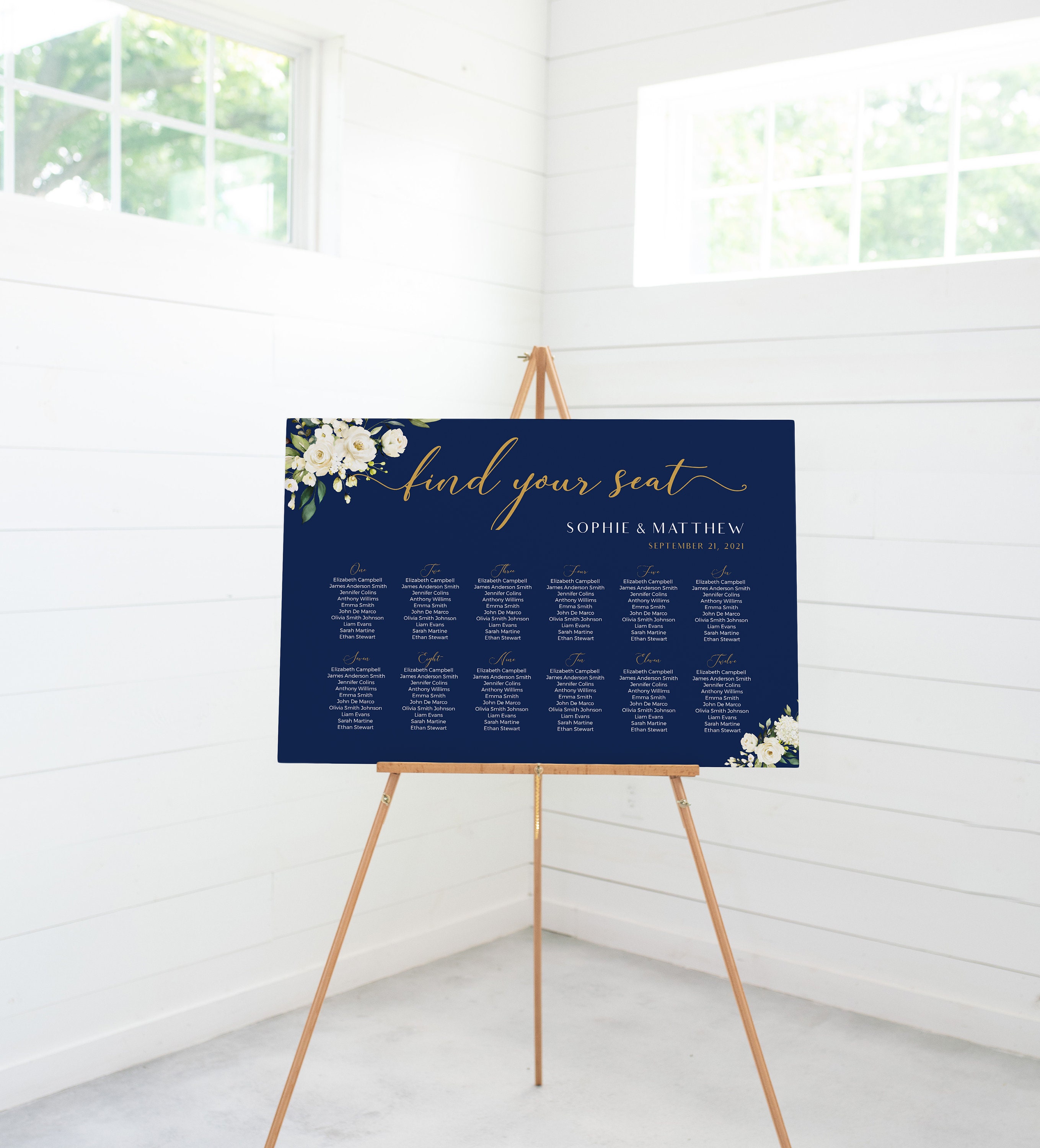 Seating Chart Template Navy Seating Chart With White Flowers - Etsy