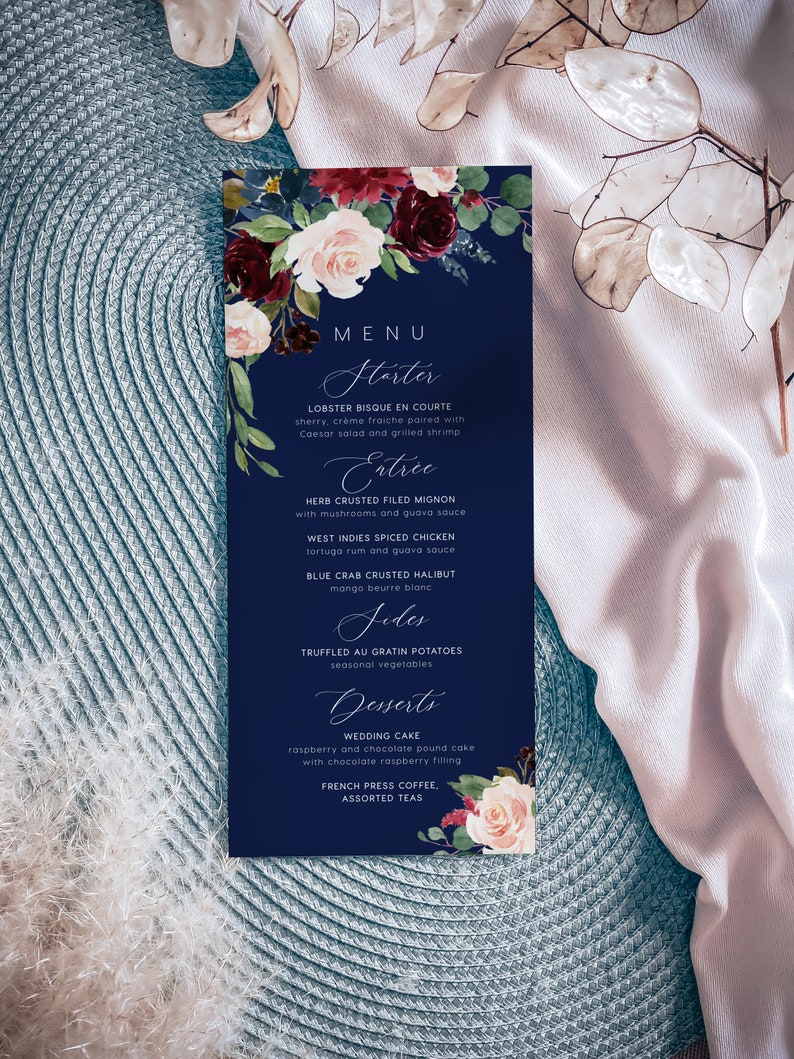 Navy Menu Wedding Menu Template Boho Wedding Menu Bohemian - Etsy