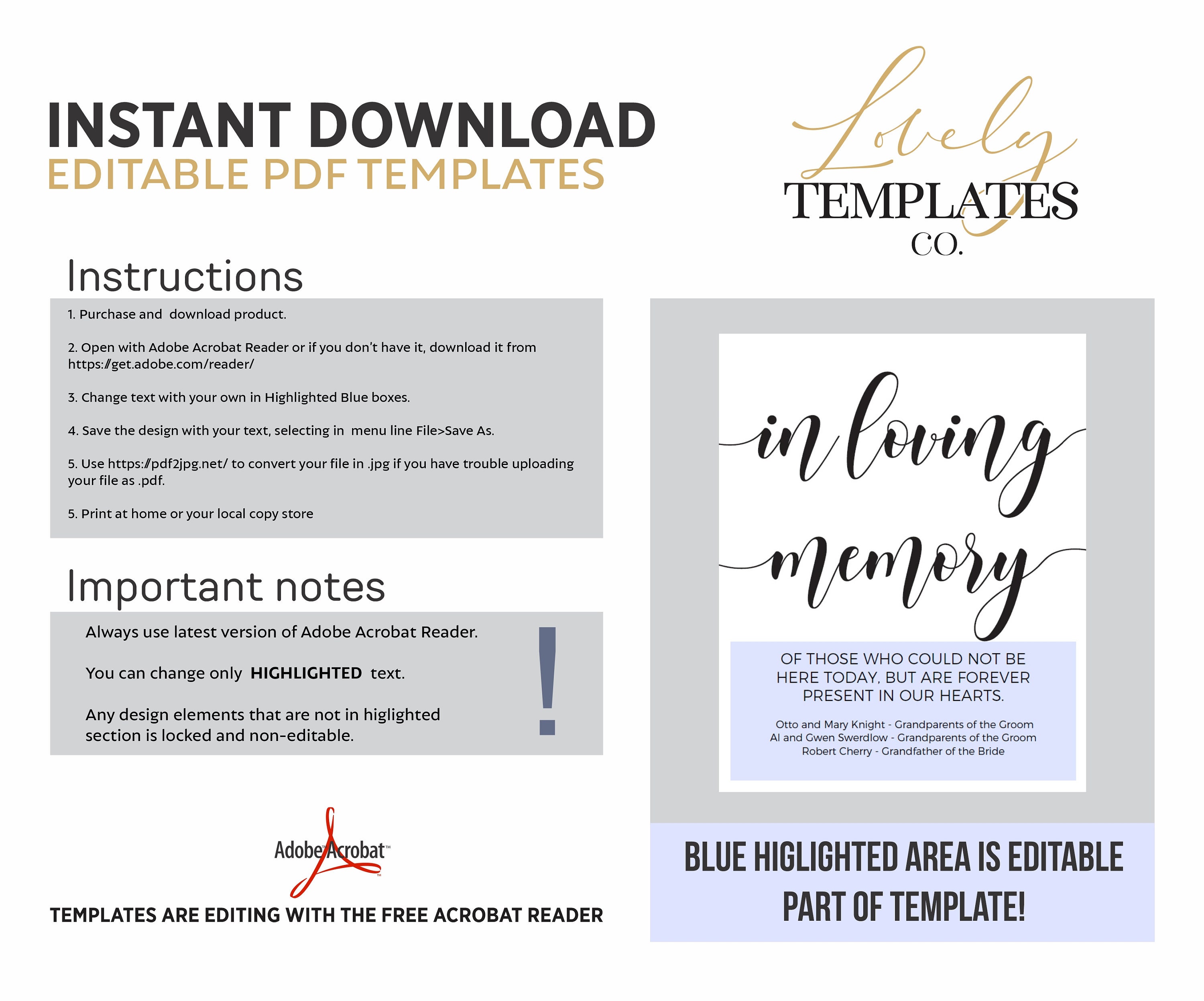 In Loving Memory Editable Sign Template Wedding in Loving | Etsy