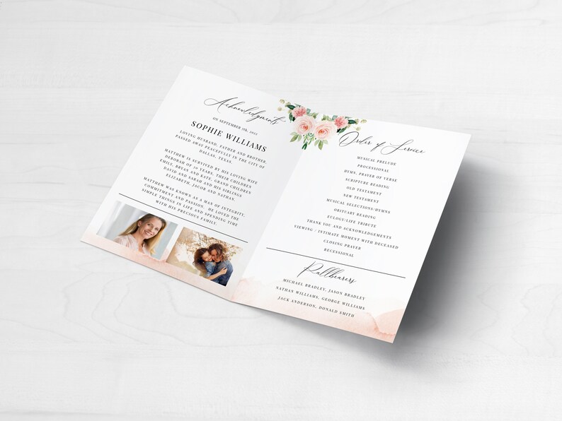 Funeral Program Template for Women With Blush Watercolor | Etsy