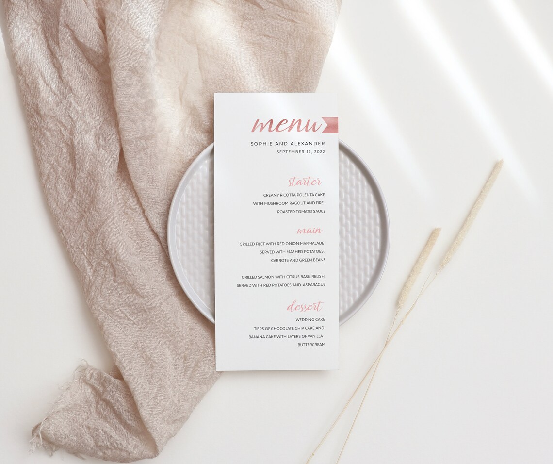 Rose Gold Menu Template Rose Gold Dinner Menu Instant - Etsy