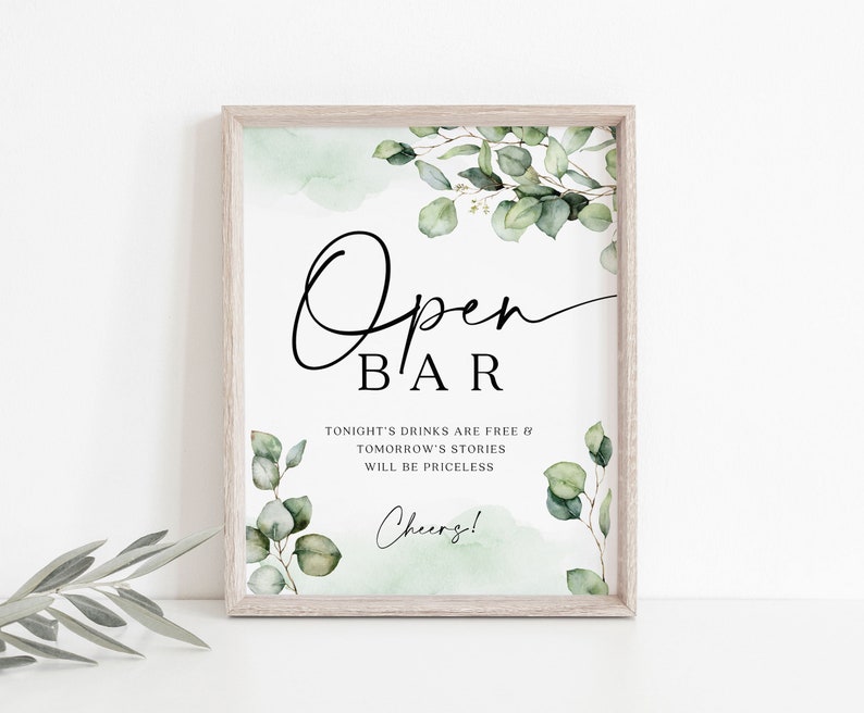 Open Bar Sign Wedding Sign Template Greenery Sign Instant - Etsy