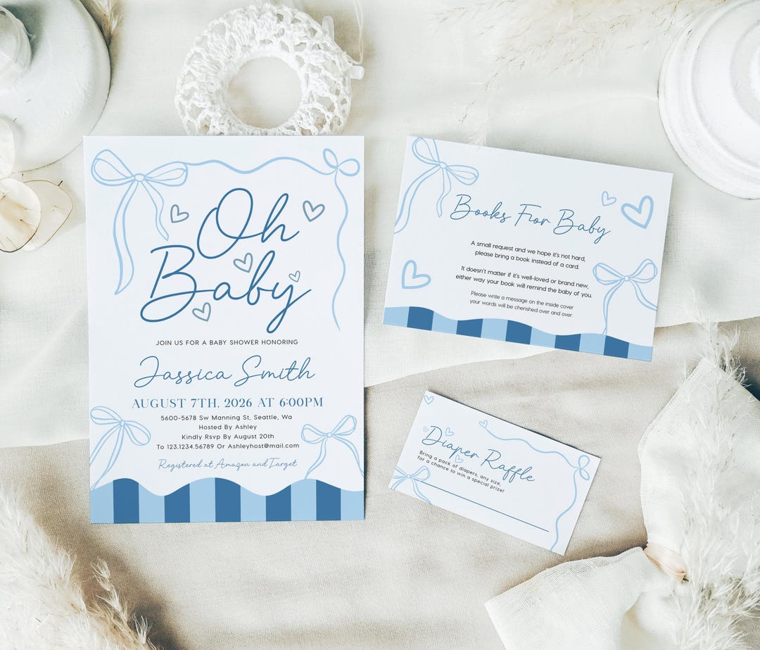 Blue Ribbon Baby Shower Invitation, Oh Baby Invitation Bundle With ...