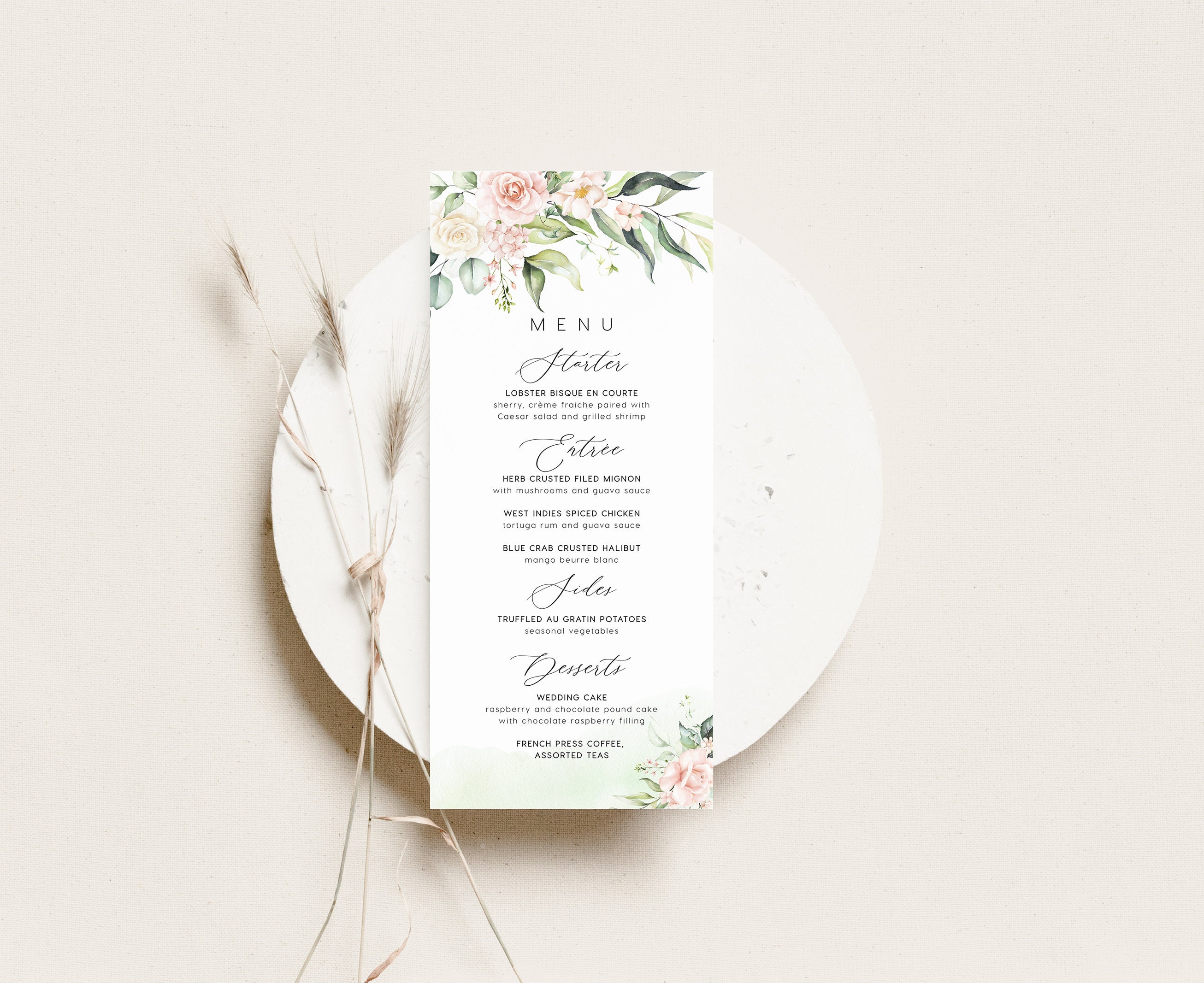 Floral Menu Template Wedding Menu Cards Blush Flowers and - Etsy