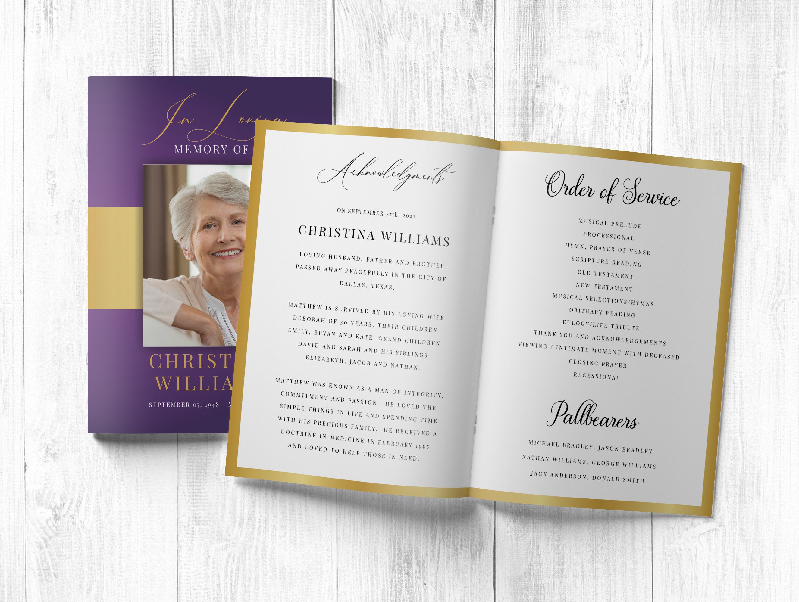 Funeral program template for women Purple gold program | Etsy