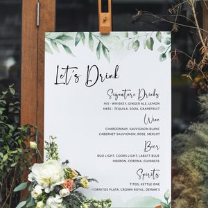Bar Menu Sign, Large Bar Menu Template, Let's Drink Sign , Greenery Bar ...