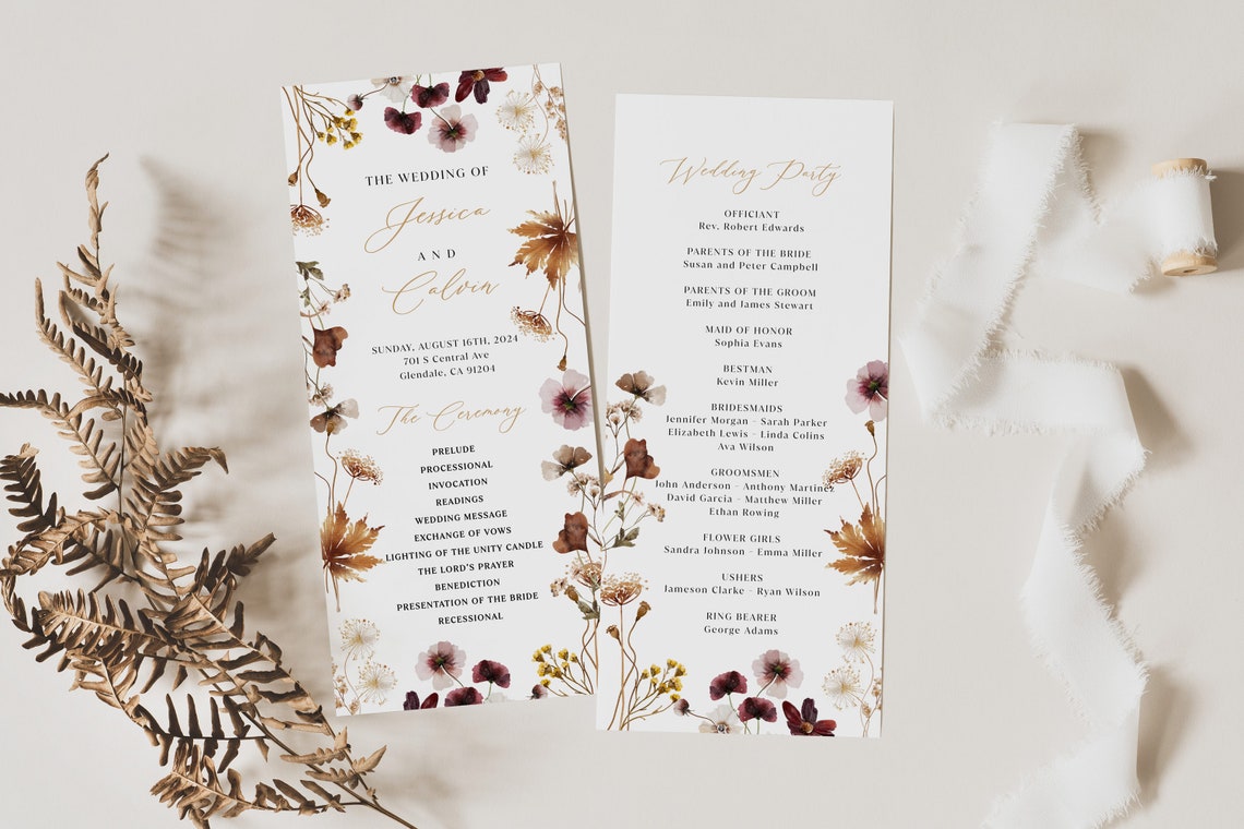 Wedding Program Template Boho Ceremony Program Wildflower - Etsy