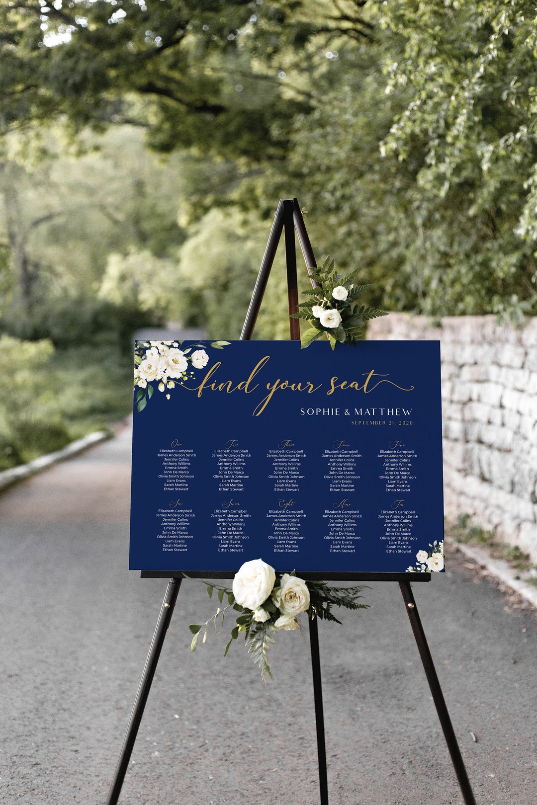 Seating Chart Template, Navy Seating Chart With White Flowers and ...