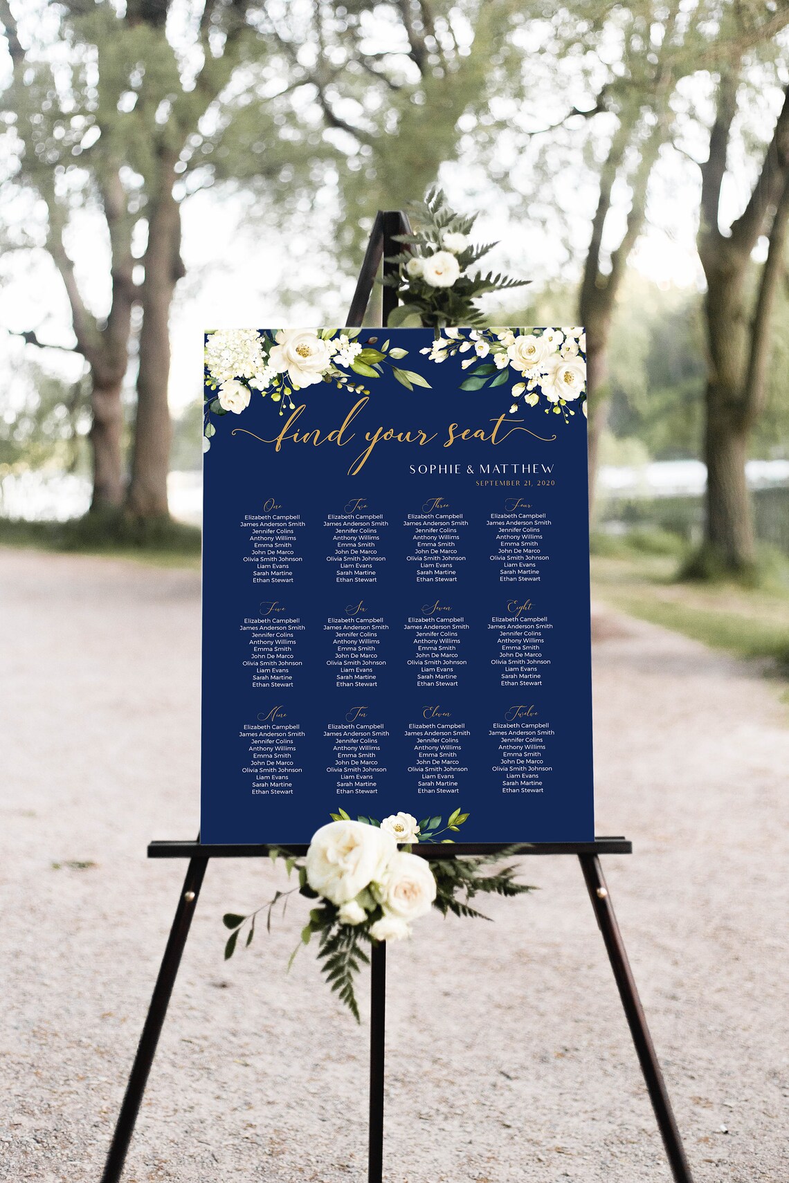 Seating Chart Template Navy Seating Chart With White Flowers - Etsy