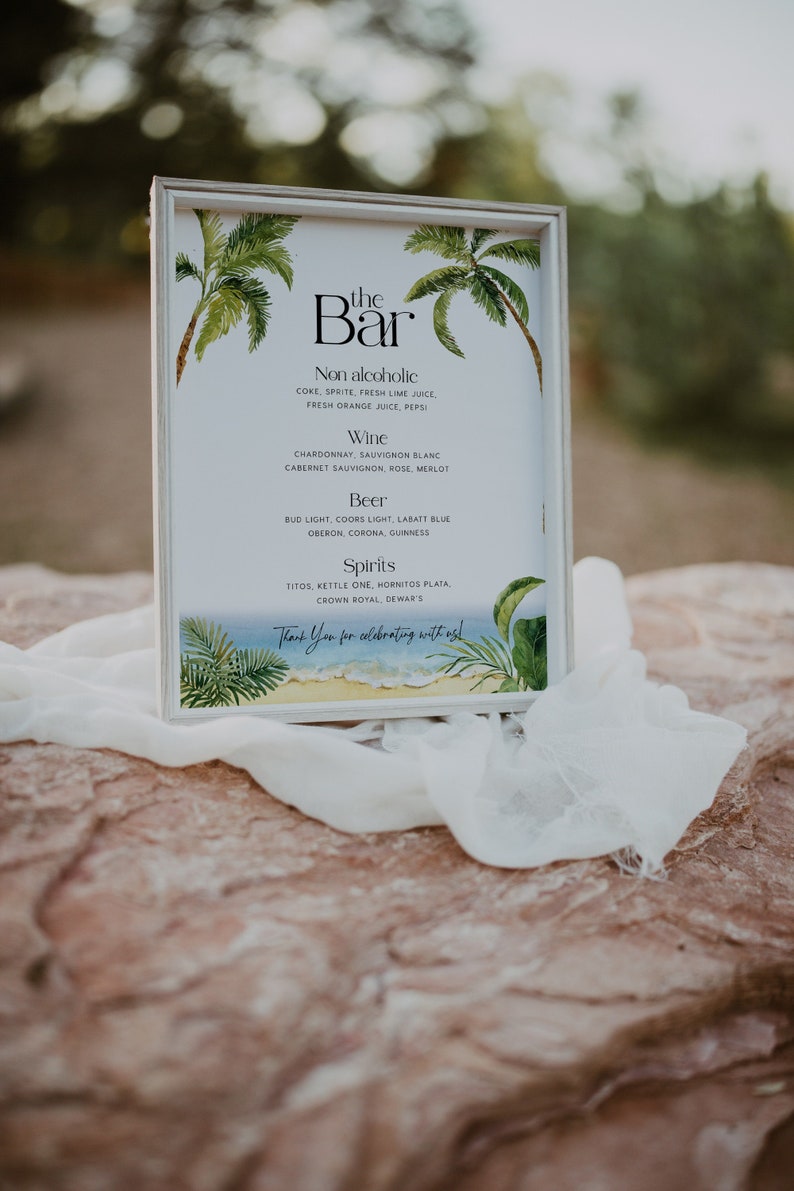 Bar Sign Wedding Bar Menu Sign Bar Menu Template Tropical - Etsy