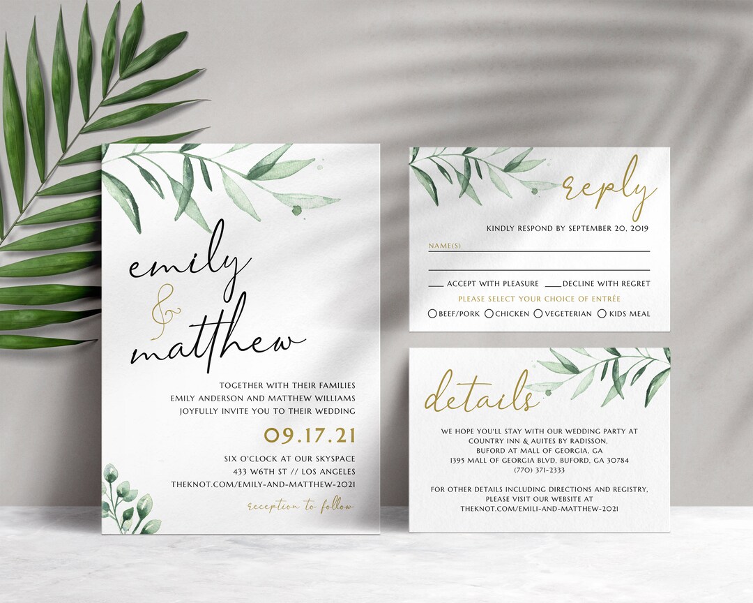 Greenery Invitation Set, Wedding Invitation Template With Reply and ...
