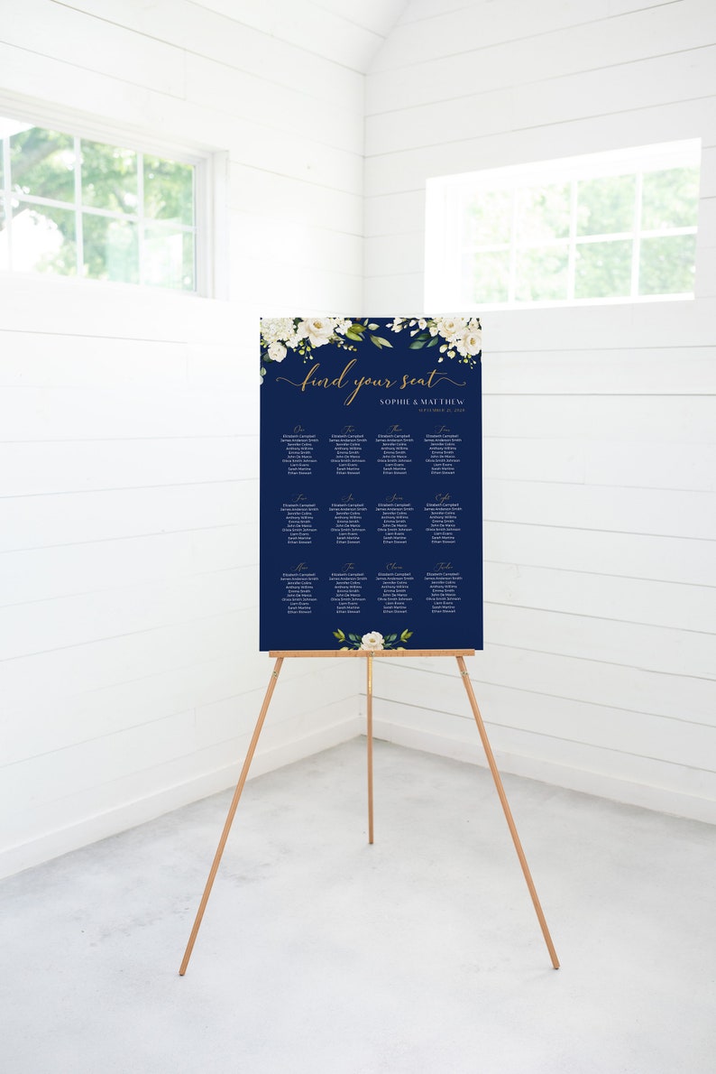 Seating Chart Template Navy Seating Chart With White Flowers | Etsy