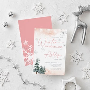 Pink Birthday Invitation, Winter Birthday Invitation Template, Winter ...