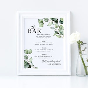 Bar Sign Template, Greenery Bar Menu Sign, Sage Flora Wedding Sign ...